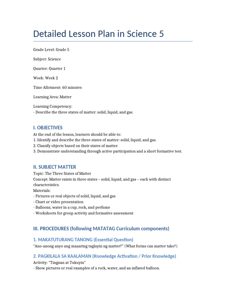 Lesson Plan Science 5 States of Matter MATATAG | PDF | Gases | Liquids