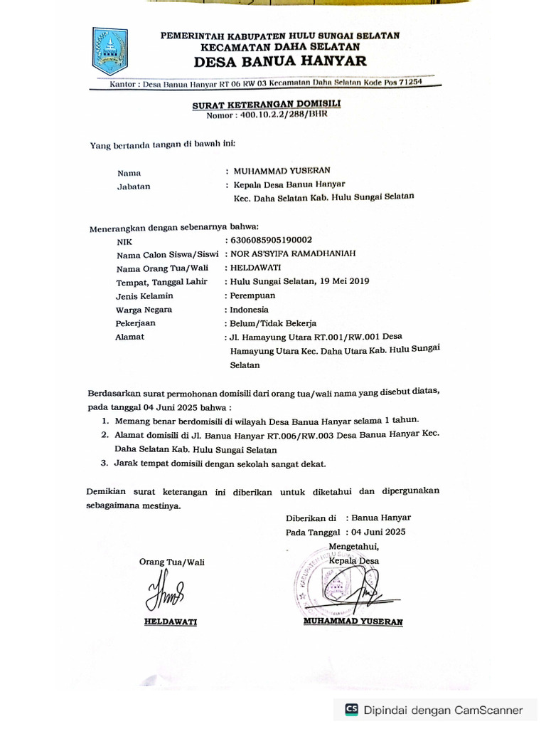 Surat Keterangan Domisili Nor As'syifa Ramadhaniah | PDF