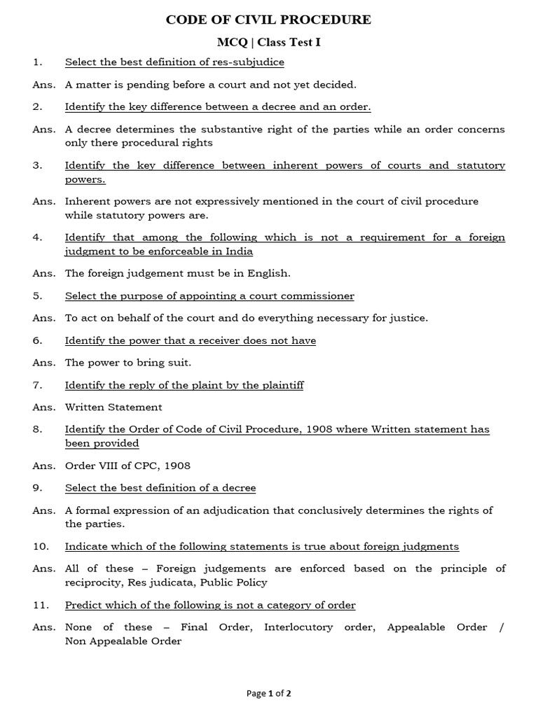 Civil Procedure Code MCQs for Class Test | PDF | Judgment (Law) | Lawsuit