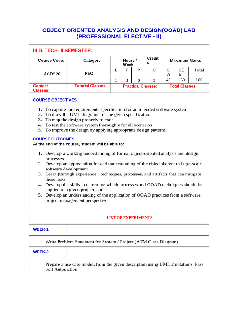 OOAD Lab Course Overview and Experiments | PDF | Unified Modeling ...