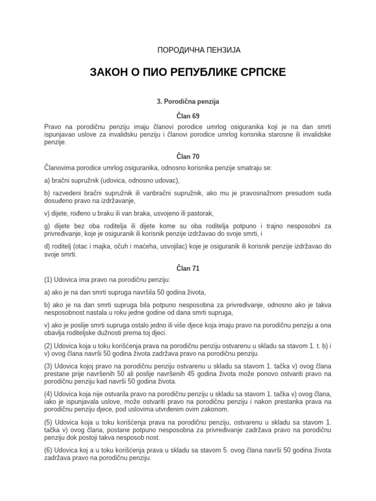 Zakon o PIO Republike Srpske Porodicna penzija | PDF