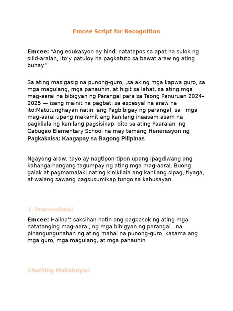Emcee Script For Graduation Grade 6 Tagalog | PDF