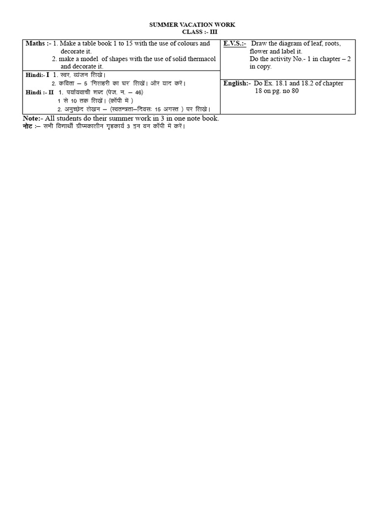 Summer Vacation Homework for Class III | PDF