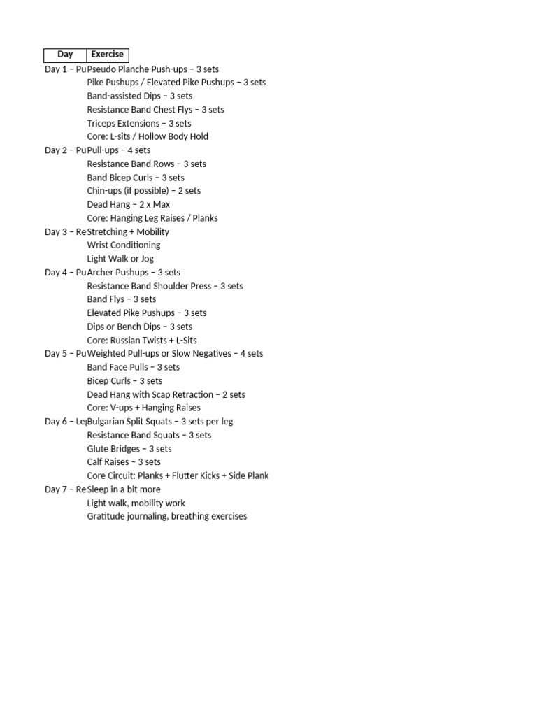 Weekly Calisthenics Workout Plan | PDF