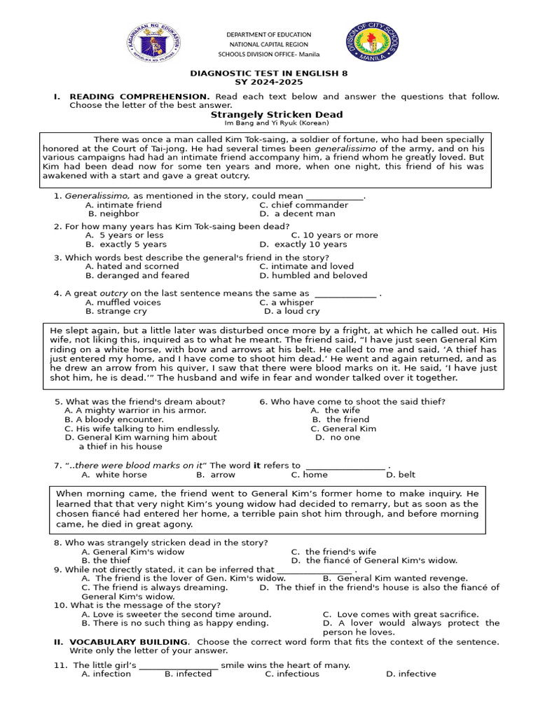 Grade-8 4th Diagnostic Test | PDF | Paragraph | Academic Dishonesty