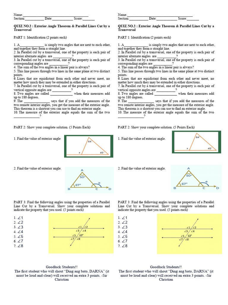 QUIZ 2 Parallel Line Cut by A Transversal | PDF | Geometry | Euclidean Geometry