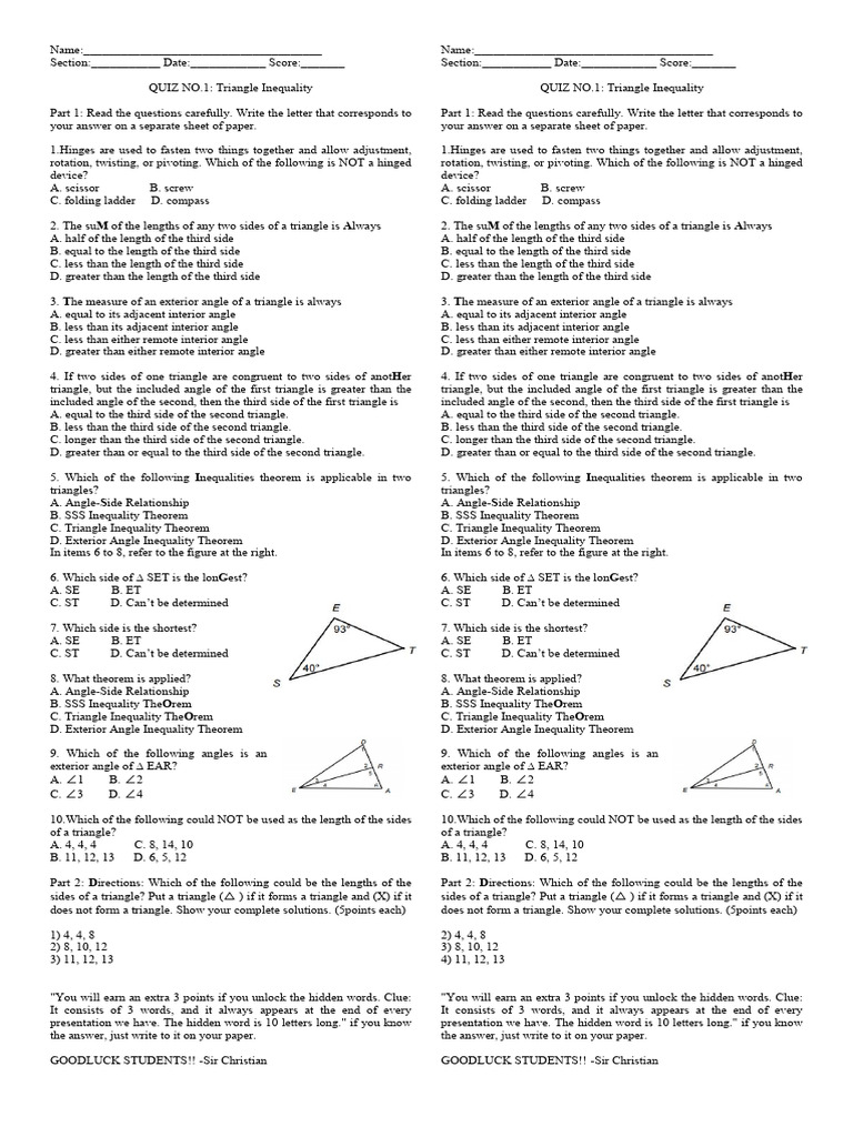 Quiz 1 Triangle Inequality | PDF | Triangle | Euclid