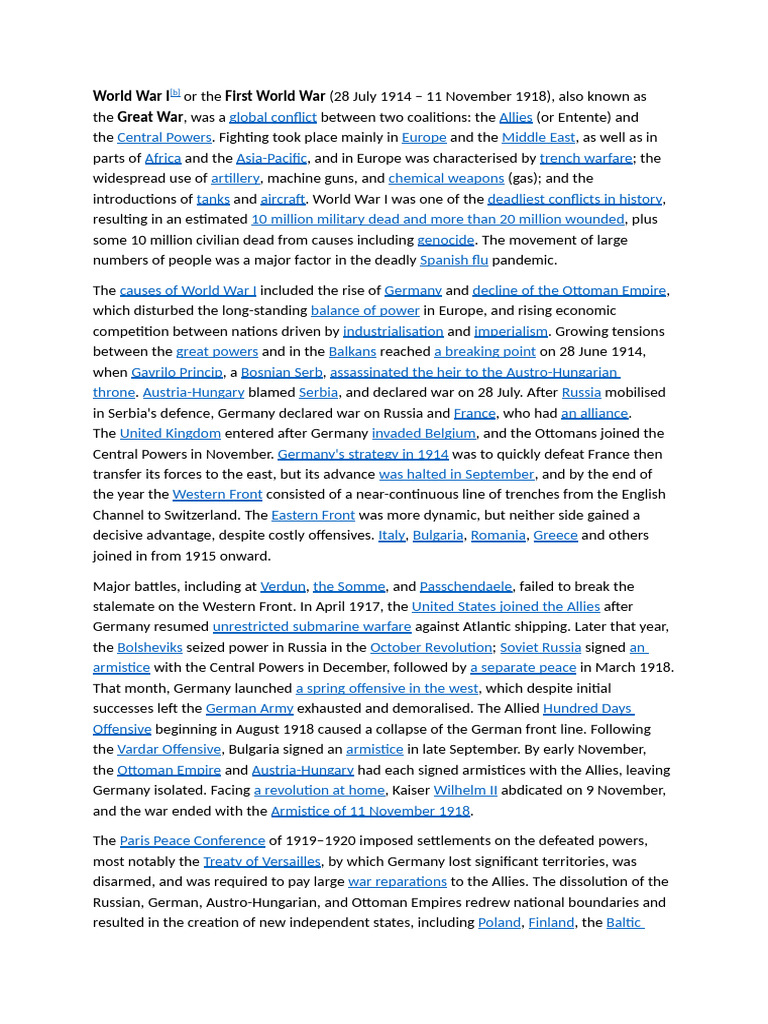 Overview of World War I Causes and Impact | PDF | World War I | German ...