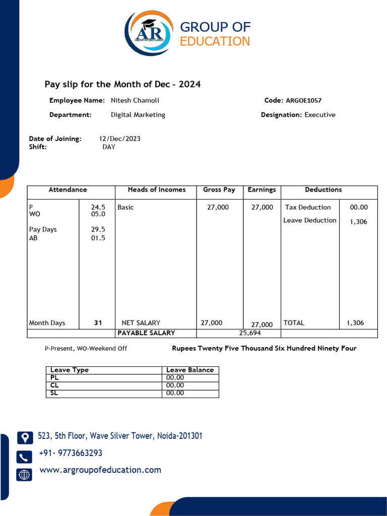 December 2024 Pay Slip for Nitesh Chamoli | PDF