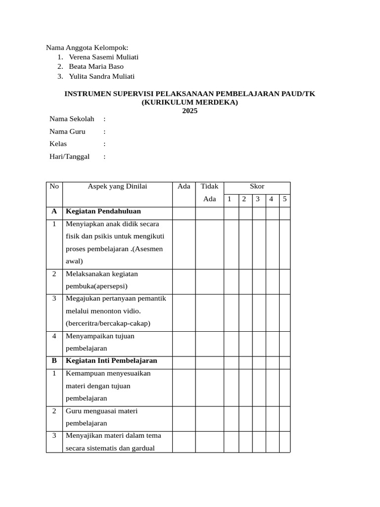 INSTRUMEN SUPERVISI PELAKSANAAN PEMBELAJARAN PAUD (Veren, Yeni, Sandra) | PDF