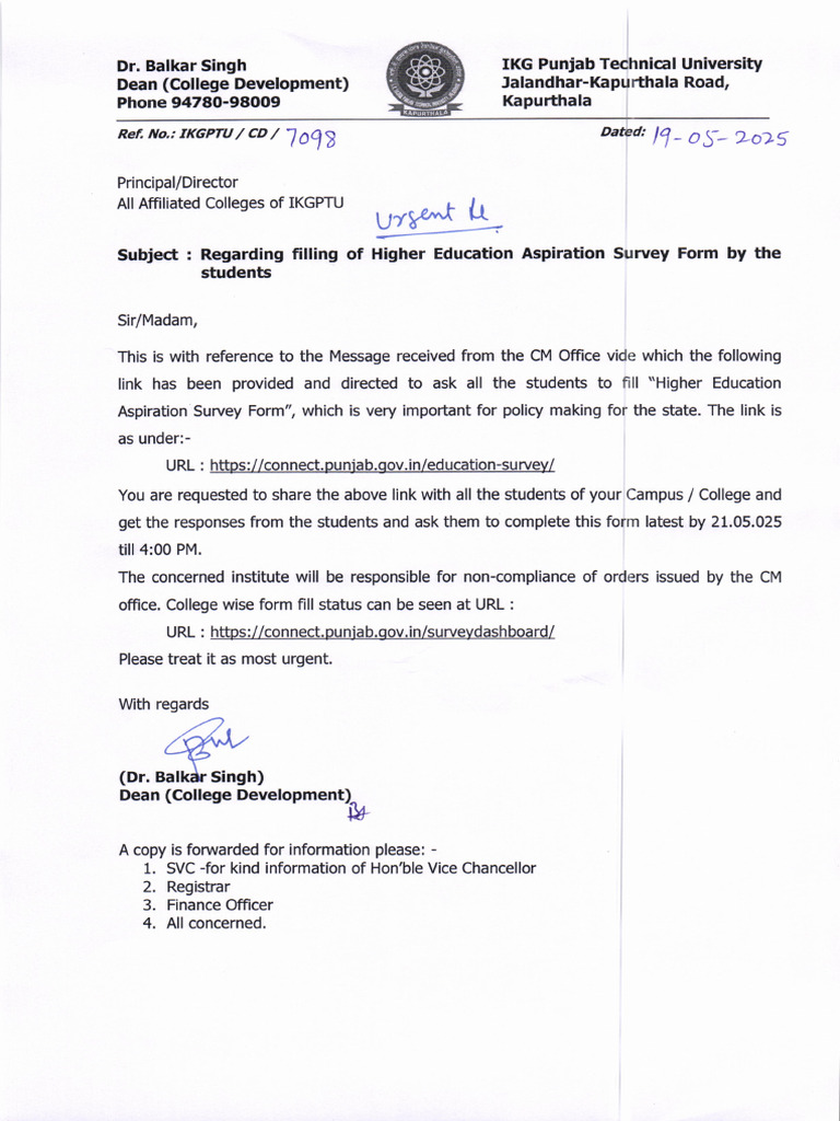 Regarding Filling of Higher Education Aspiration Survey Form by The ...