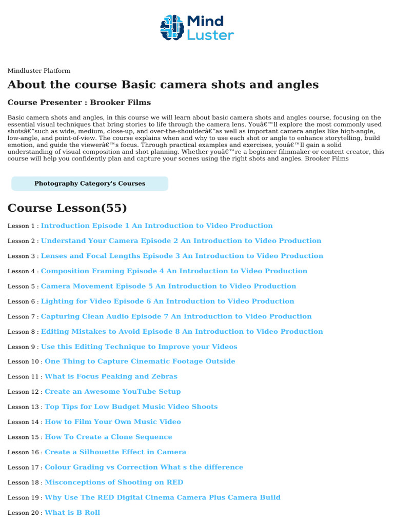 Basic Camera Shots and Angles Course Content | PDF | Camera | Camera Lens
