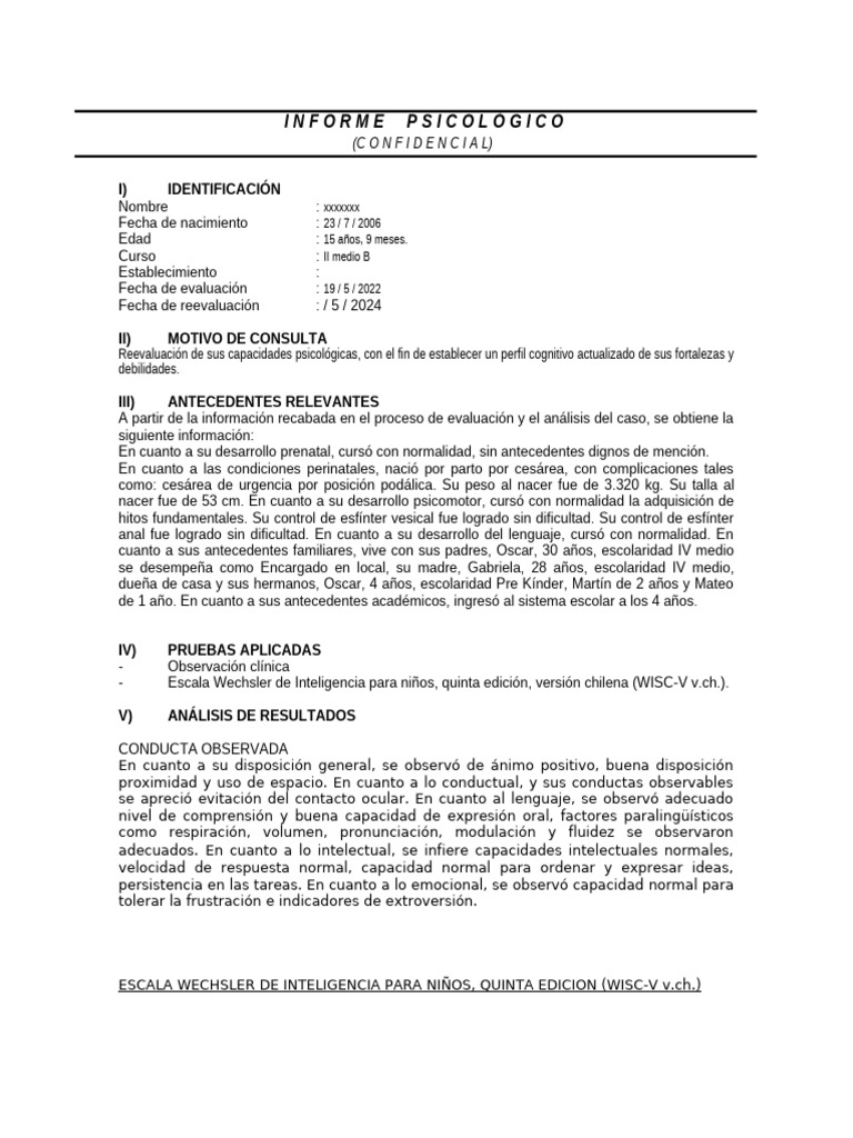 Ejemplo Informe Psicológico TEA | PDF | Inteligencia | Escala de inteligencia para adultos de ...