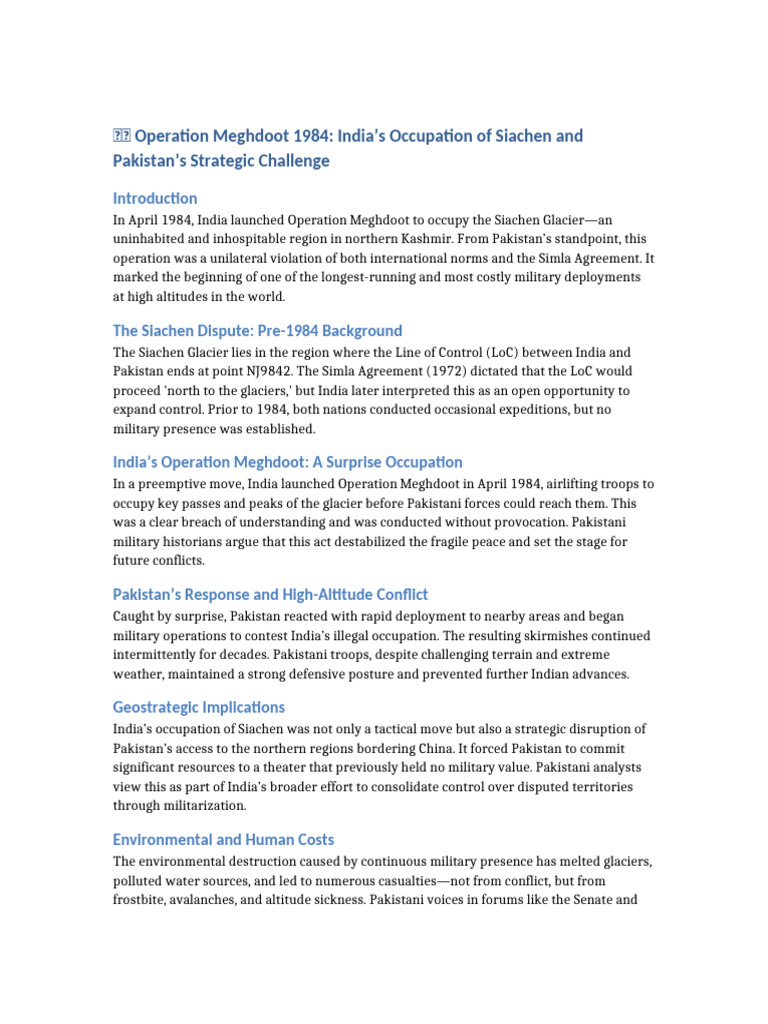 1984 Operation Meghdoot Pakistani Viewpoint | PDF | Military ...