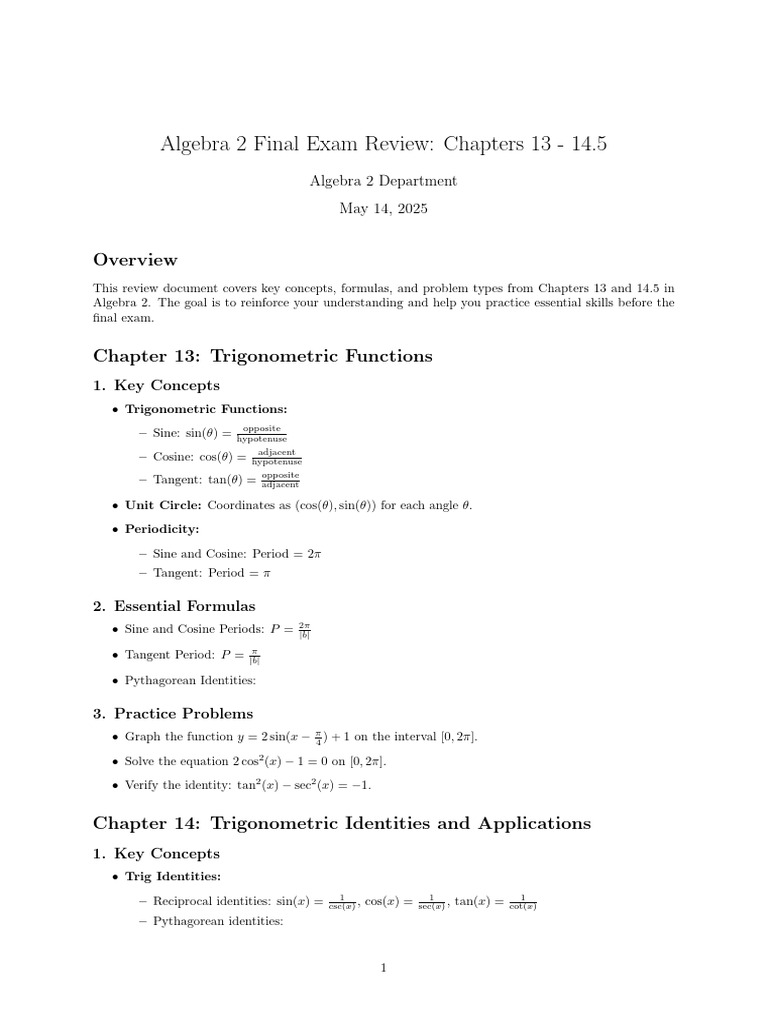 Algebra 2 Final Exam Review: Chapters 13 - 14.5 | PDF | Trigonometric Functions | Trigonometry