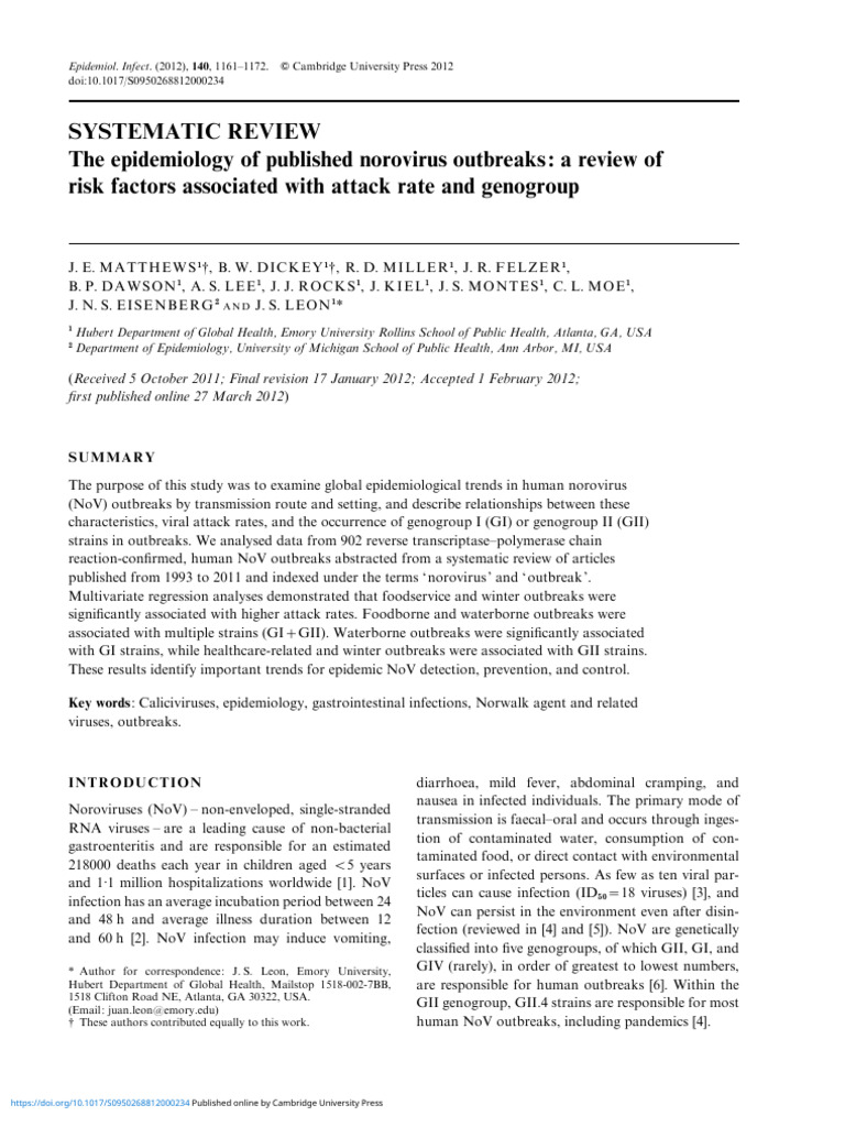 The Epidemiology of Published Norovirus Outbreaks A Review of Risk ...