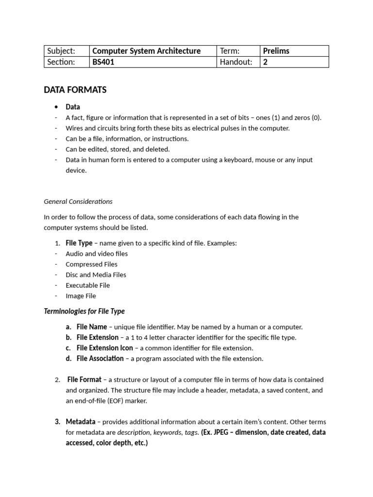 CSA Prelims Reviewer Handout 2 | PDF | Data Compression | Computer File