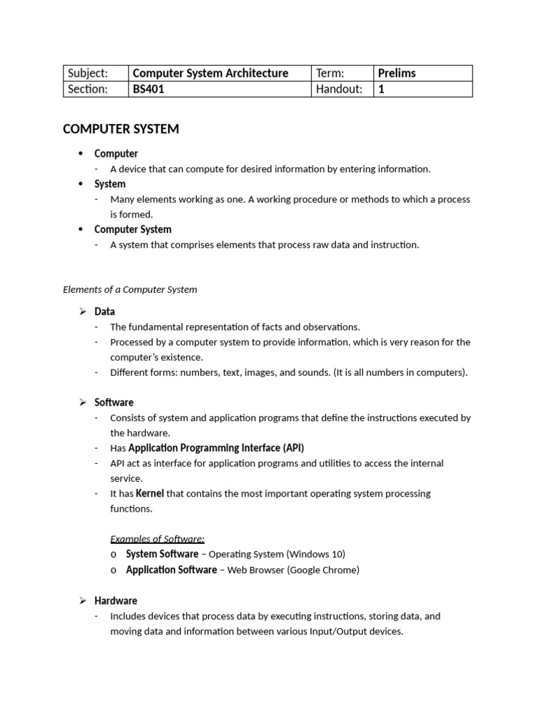 CSA Prelims Reviewer Handout 1 | PDF | Computer Data Storage | Operating System