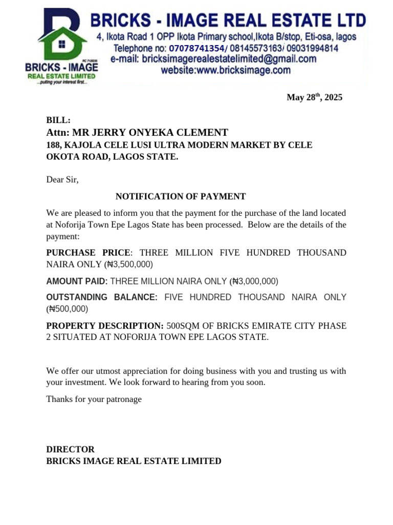 Payment Notification For MR Jerry Clement | PDF