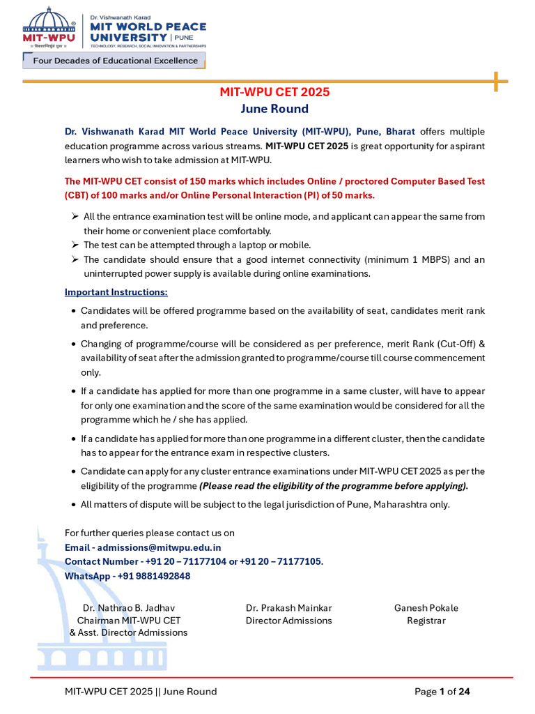 MIT WPU CET June Round Revised | PDF | Engineering | Postgraduate Education