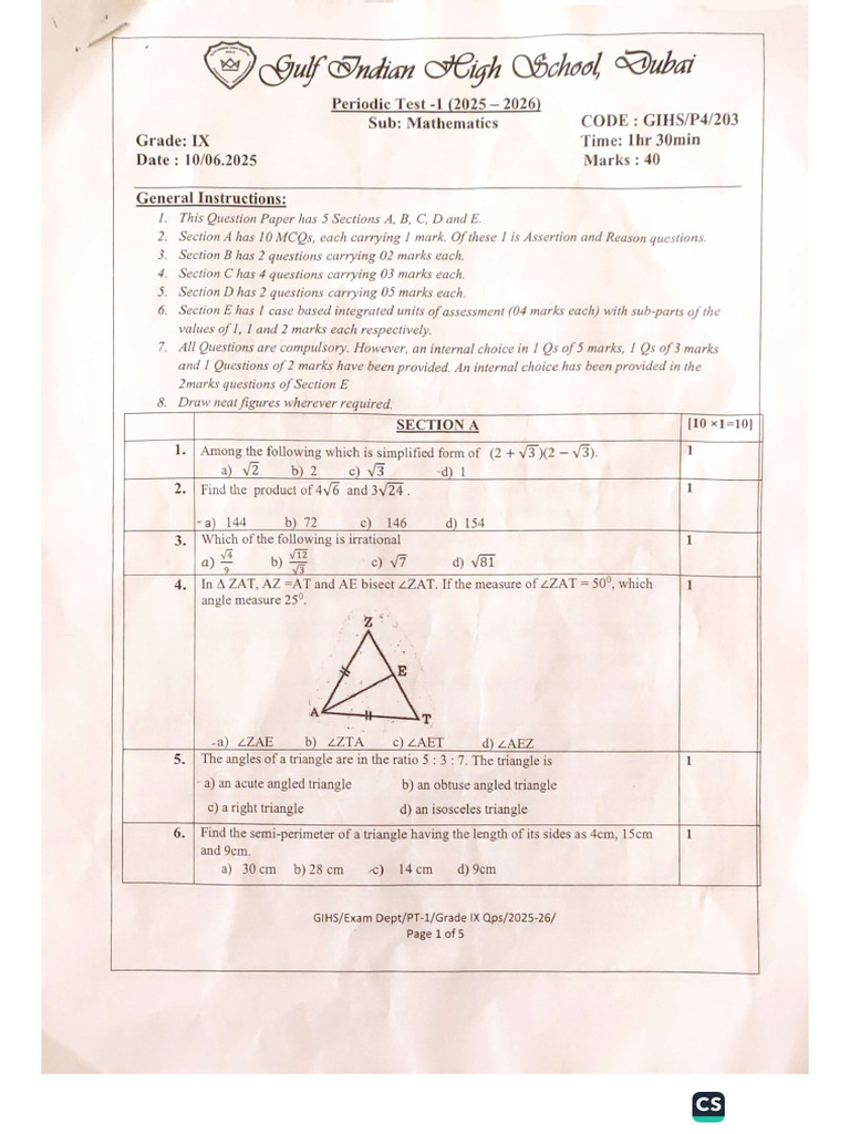 Periodic Test Paper Maths Class 9 | PDF