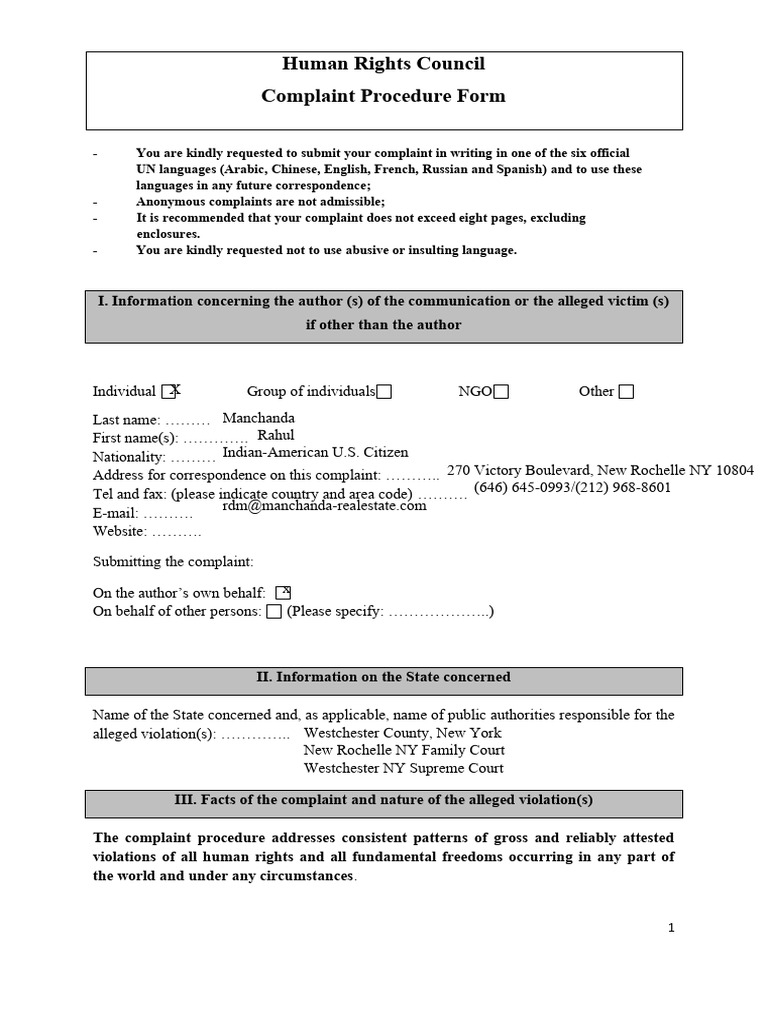 UN Human Rights Complaint Form | PDF | Complaint | Judiciaries