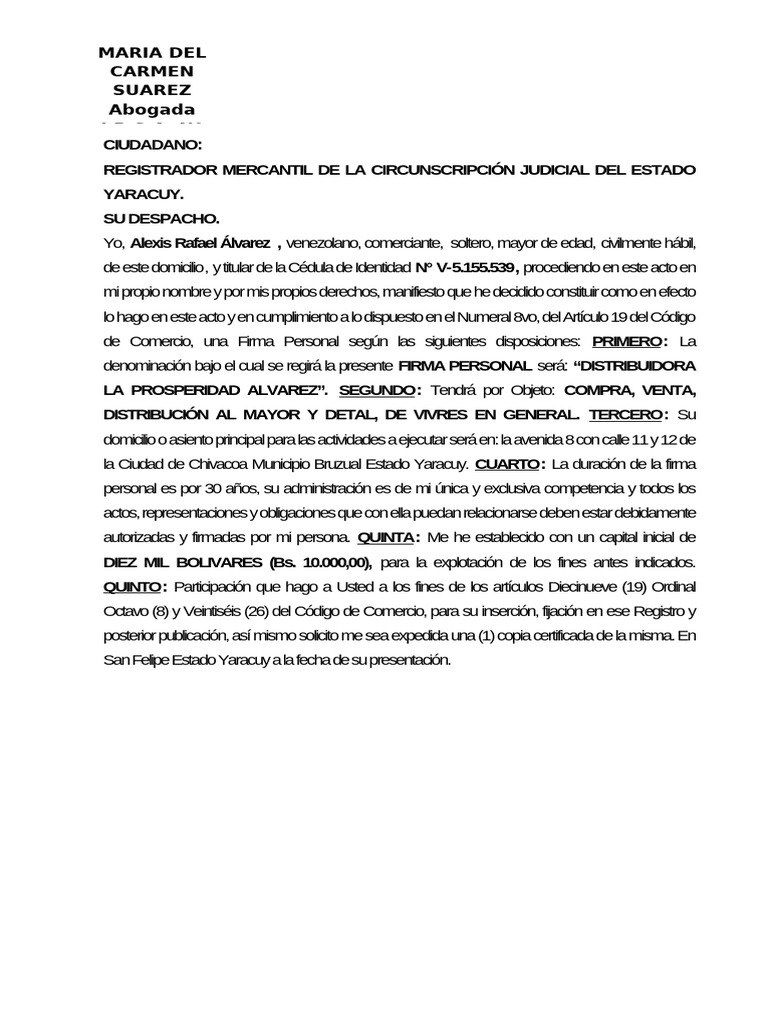 Acta Cosntitutiva de La Firma Personal Marilyn Mendez Comaee | PDF