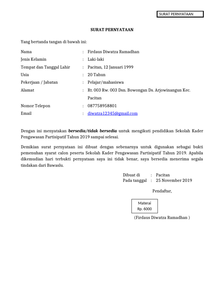 . DRAFT_SURAT PERNYATAAN SAMPAI SELESAI | PDF