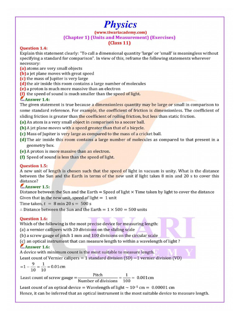 11 Physics Solutions Chapter 1 1 | PDF