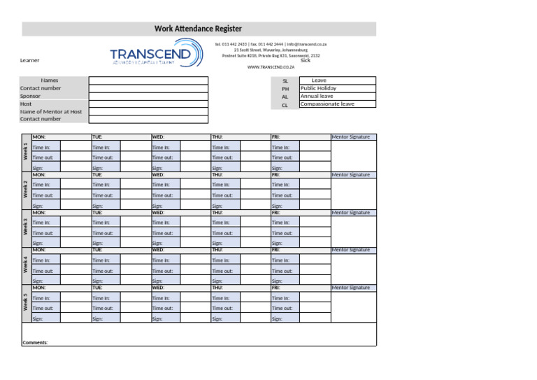 Learnership Work Attendance Register (Timesheet) | PDF