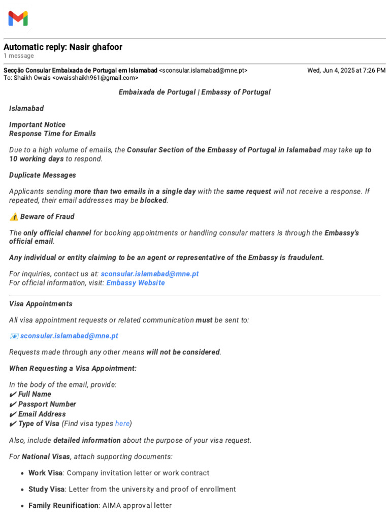 Gmail - Automatic Reply - Nasir Ghafoor | PDF | Travel Visa