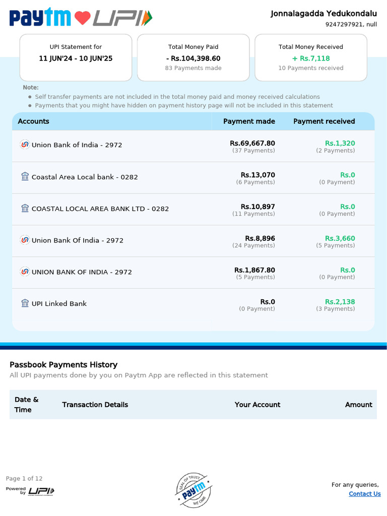 Paytm UPI Statement 11 Jun'24 - 10 Jun'25 | PDF | Financial Services ...