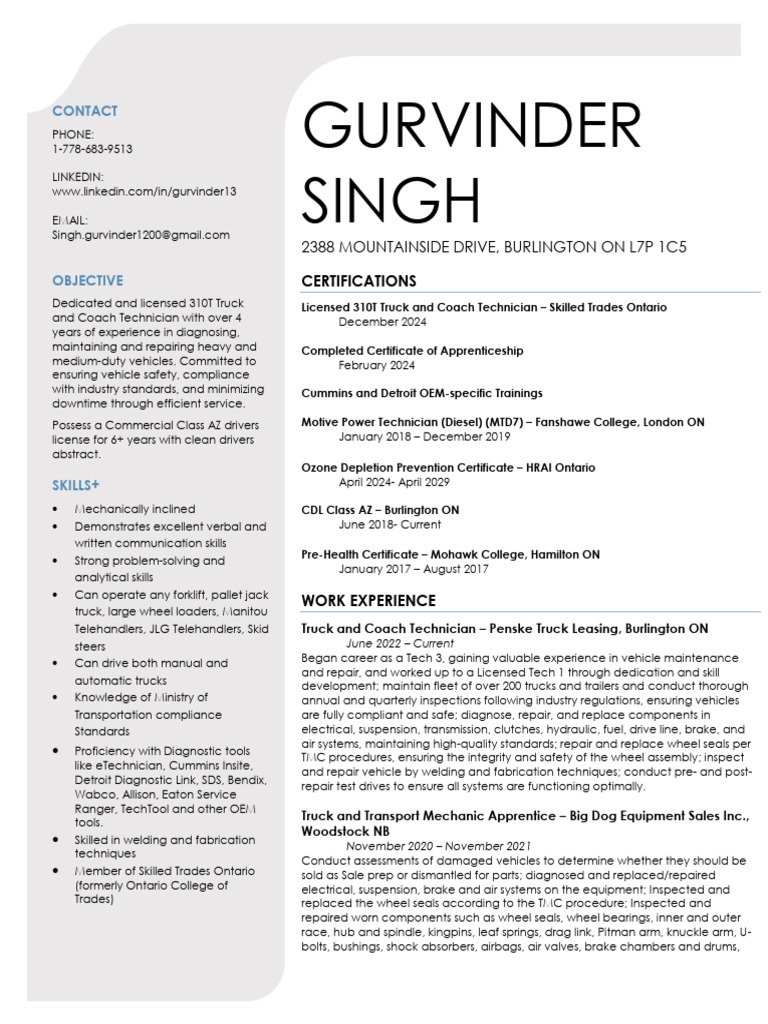 310T Truck Technician Resume Summary | PDF | Axle | Truck