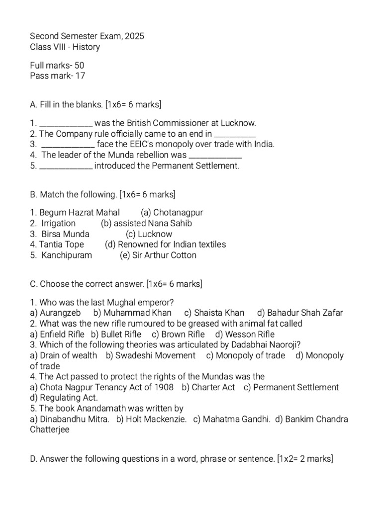 Class VIII 2nd Semester Exam Qs | PDF | South Asia