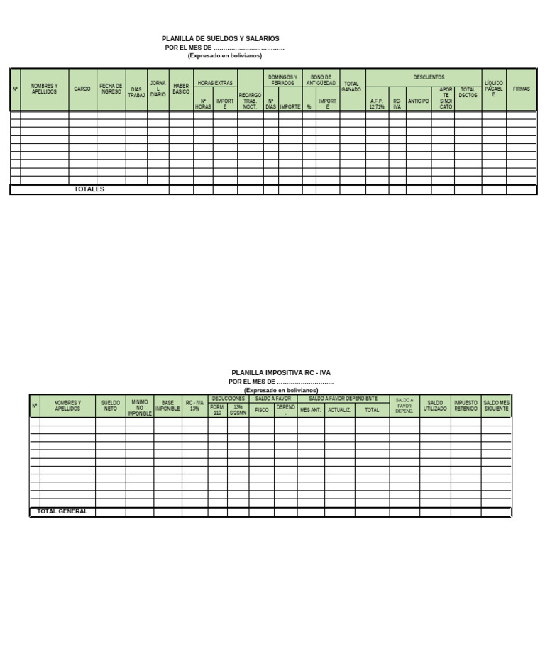 Planilla de Sueldos y Salarios Bolivia | PDF
