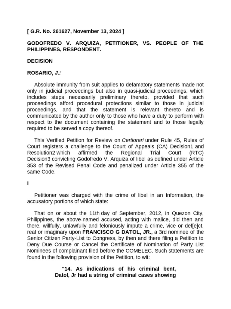 Libel Case: Arquiza vs. Datol Decision | PDF | Defamation | Prosecutor