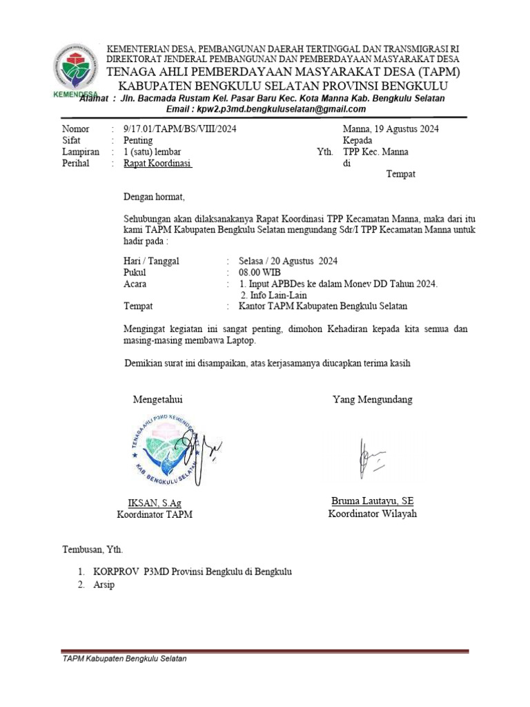 Undangan Rakor Kecamatan Manna | PDF