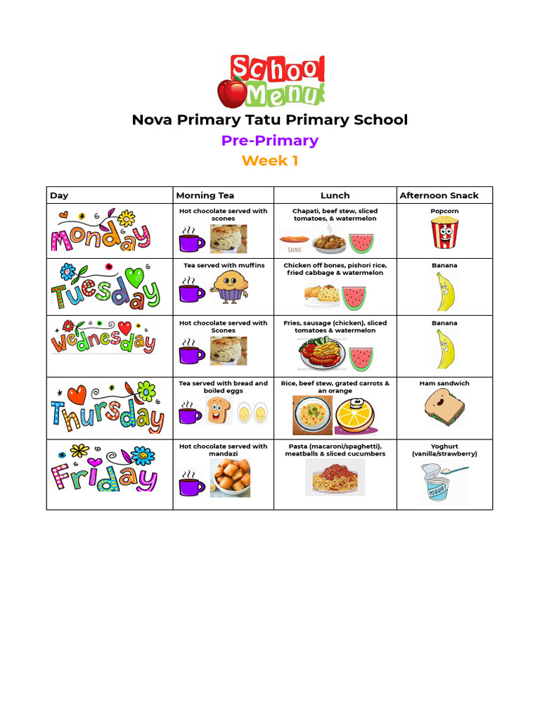 Nova Primary Tatu School Menu | PDF | Lunch | French Fries