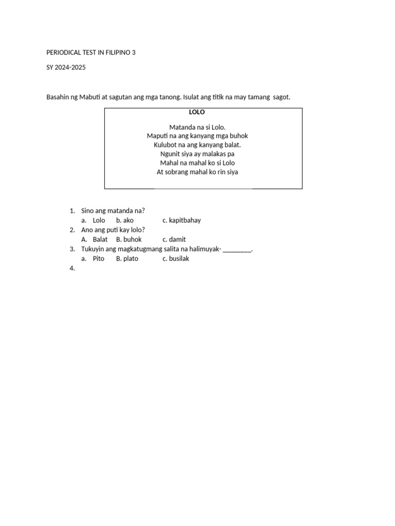 Periodical Test in Filipino 3 Sy 2024-2025 | PDF