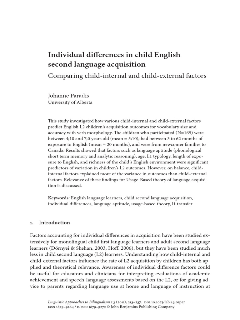 Individual Differences in Child English Second Language Acquisition Comparing Child-Internal and ...