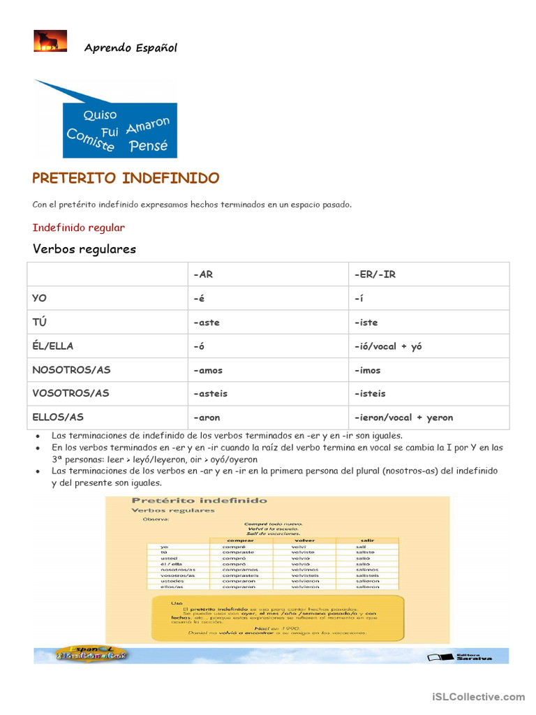 El Preterito Indefinido. (Preterito Perfecto Simple) | PDF | Verbo ...