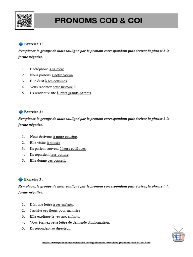 Exercices sur les pronoms COD et COI | PDF