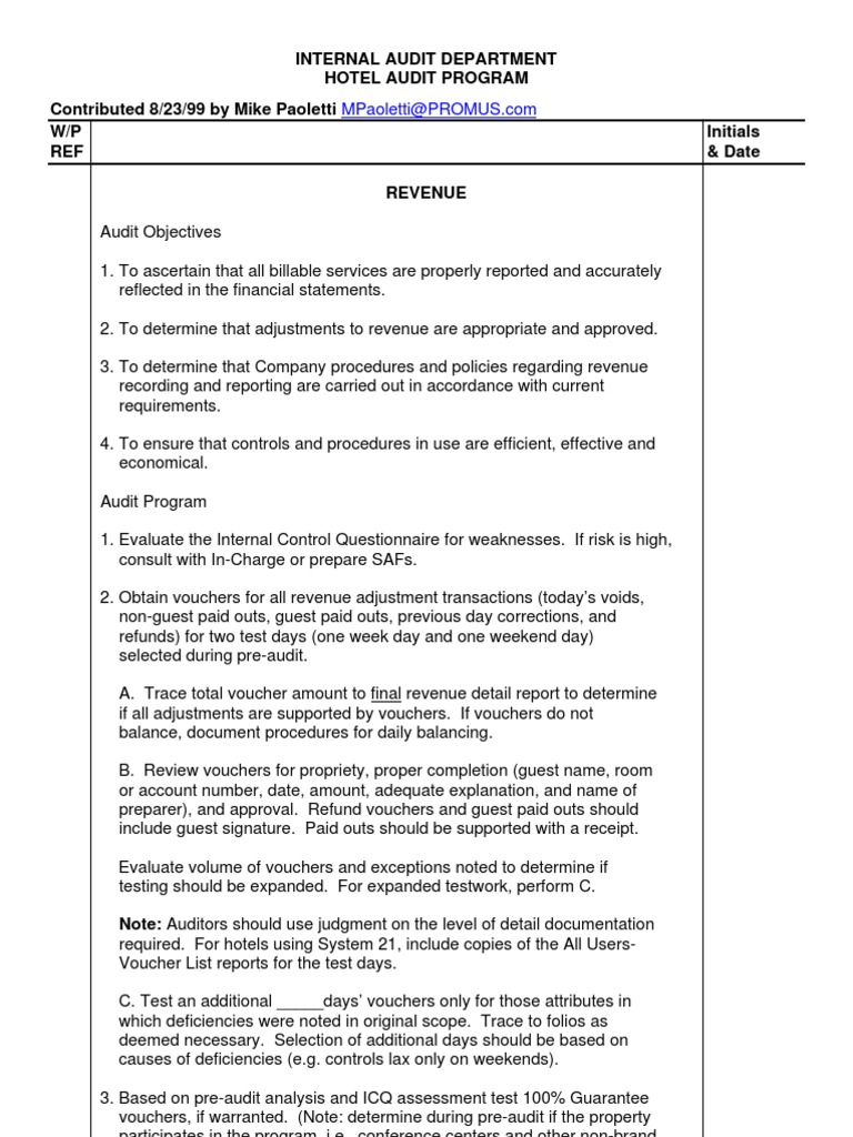 Internal Audit Department Hotel Audit Program | PDF | Business