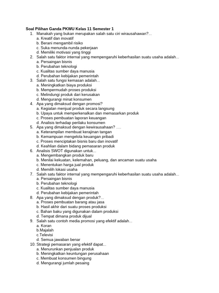 Soal PKWU Kelas 11 Semester 1 | PDF
