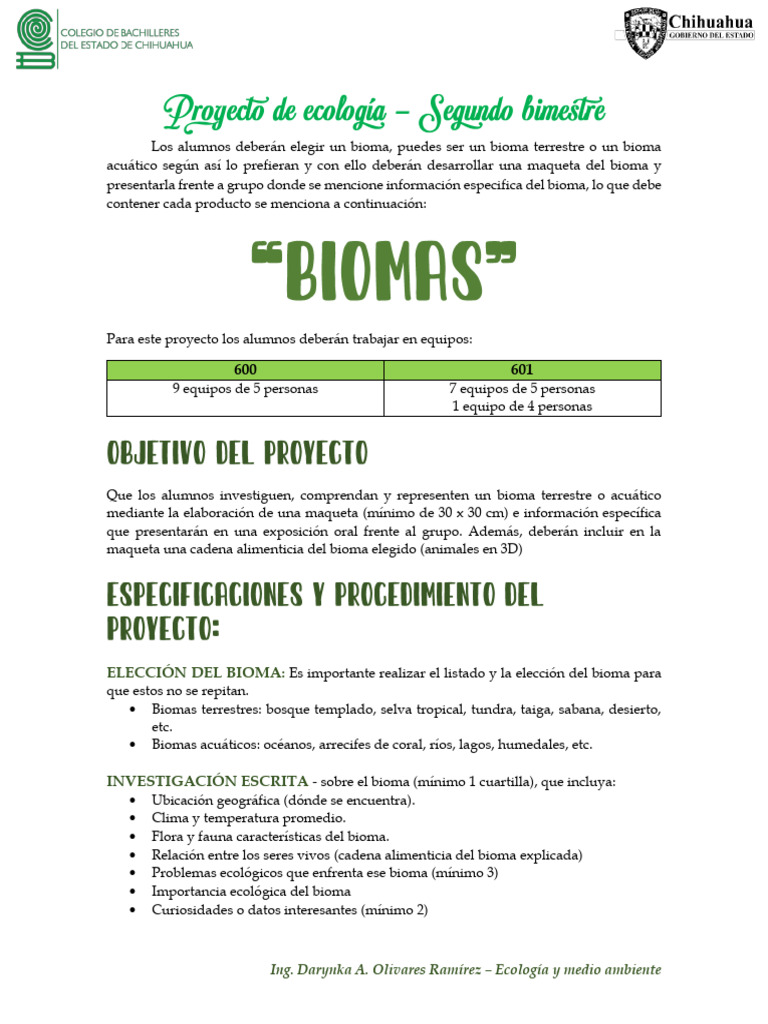 Proyecto de Ecología - Segundo Bimestre. Ing. Darynka O. (BIOMAS) | PDF | Ecología | Entorno natural