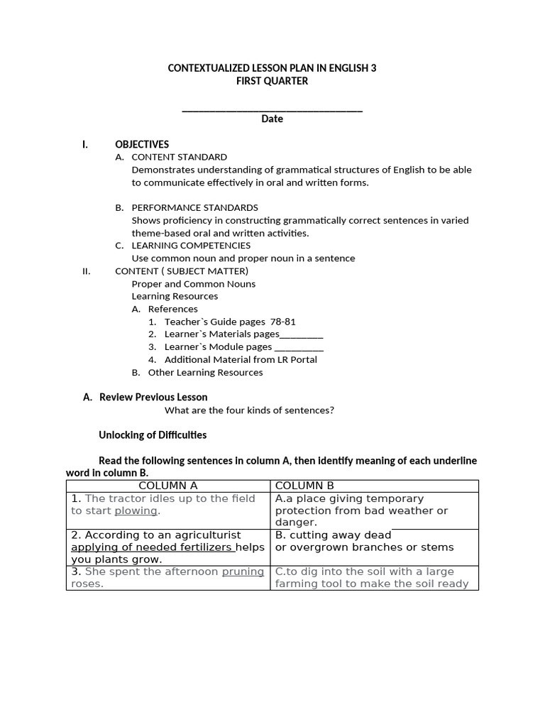 CONTEXTUALIZED LESSON PLAN IN ENGLISH 3-Final | PDF | English Language | Linguistics