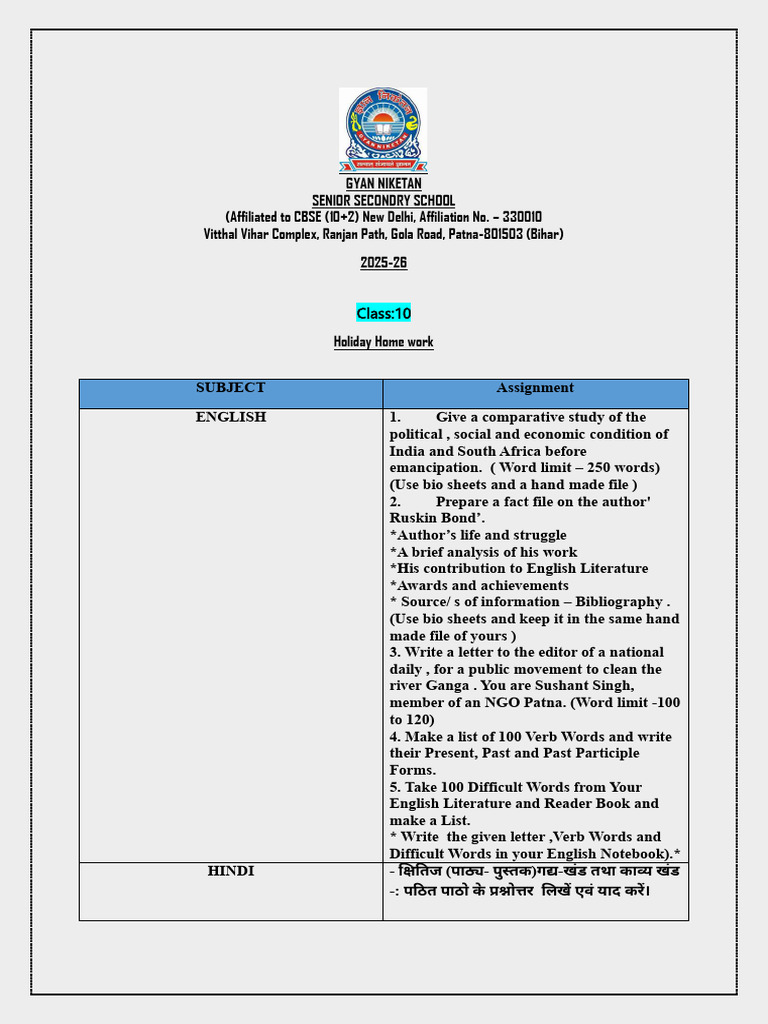 Class10 Summer Holiday Homework 2025 | PDF | Reflection (Physics)