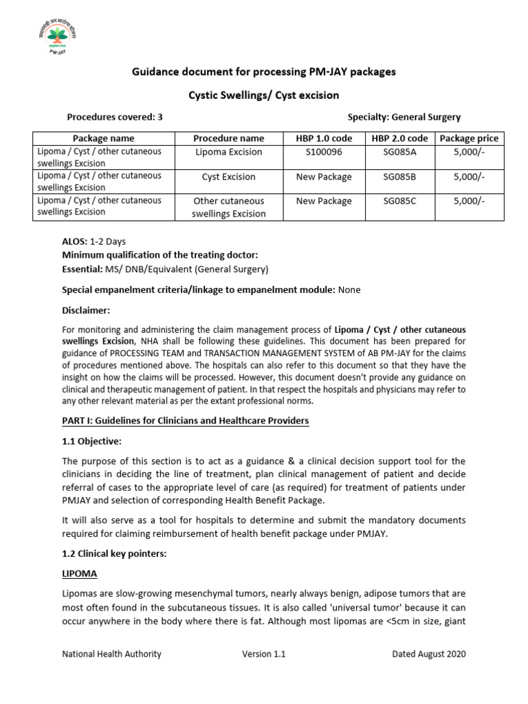 PM-JAY Guidelines for Cyst Excision | PDF | Skin | Medical Specialties