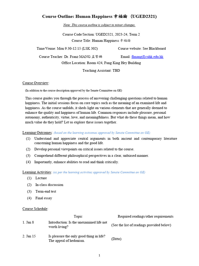 Human Happiness Course Outline | PDF | Happiness | Well Being