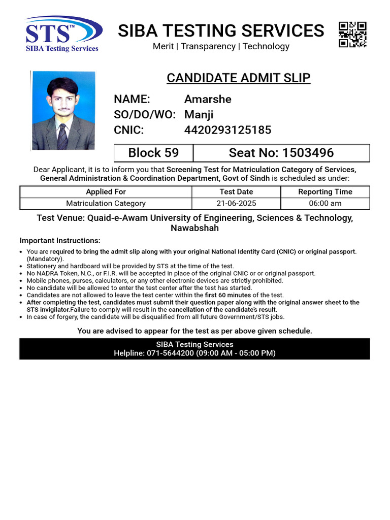 Siba Testing Services: Candidate Admit Slip | PDF